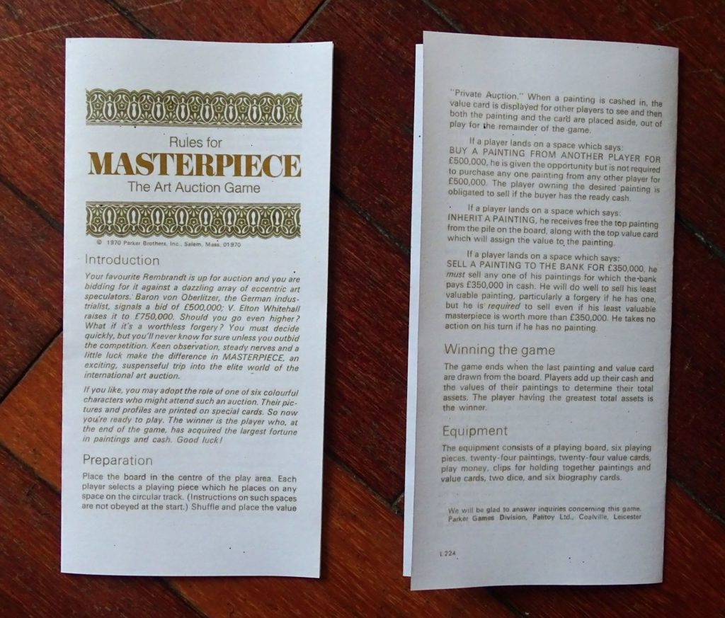 1970 MASTERPIECE The Art Auction Board Game by Parker Brothers - tomsk3000