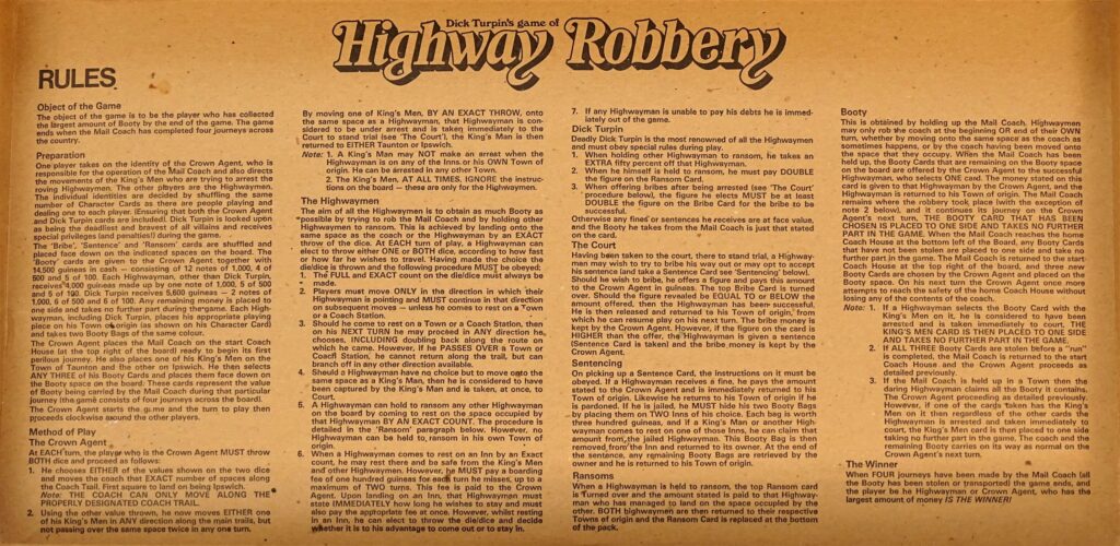 1969 Dick Turpin's Game of Highway Robbery by Arrow Games Ltd. - tomsk3000